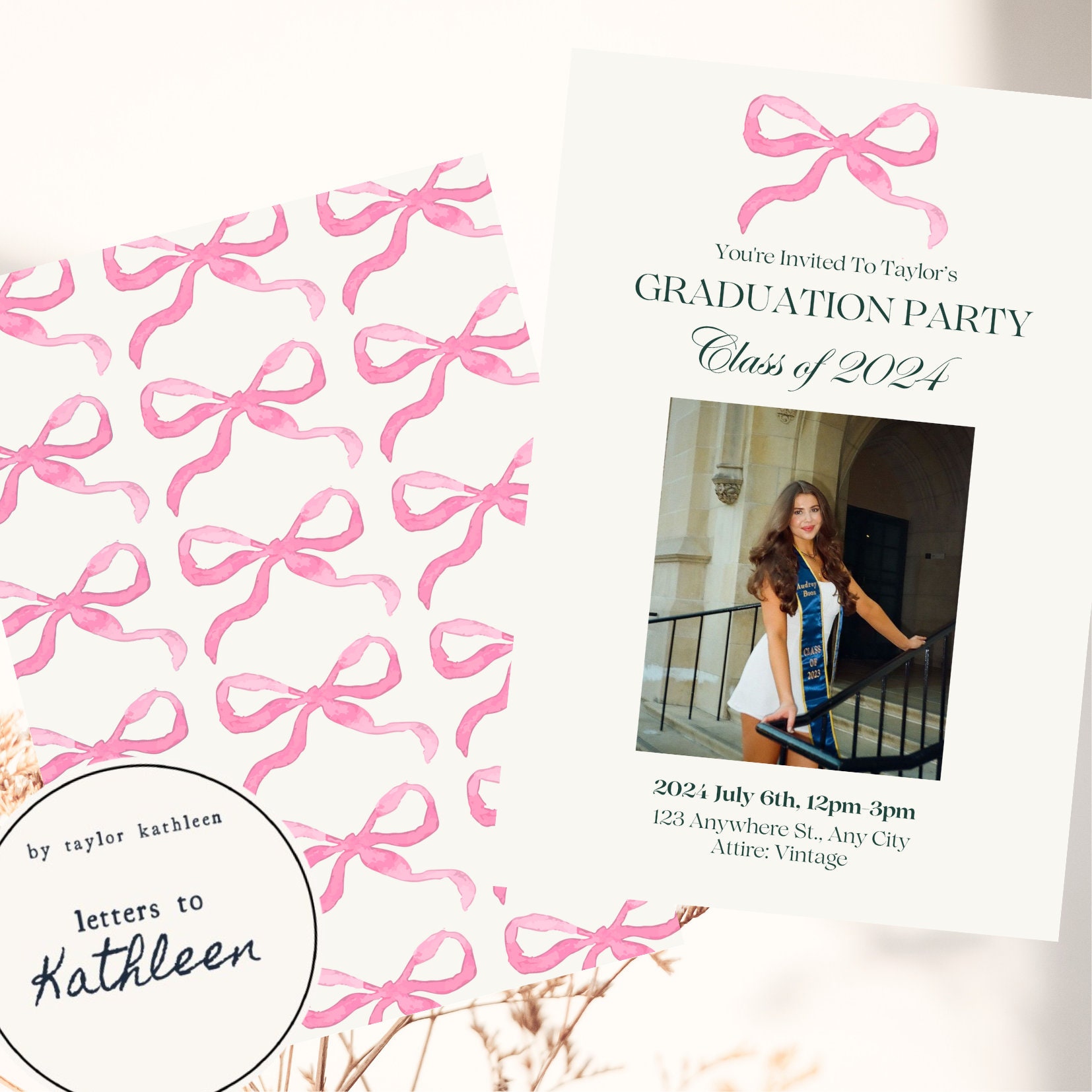 Pink Bows Portrait Graduation Announcement Invitation 2024 Canva ...