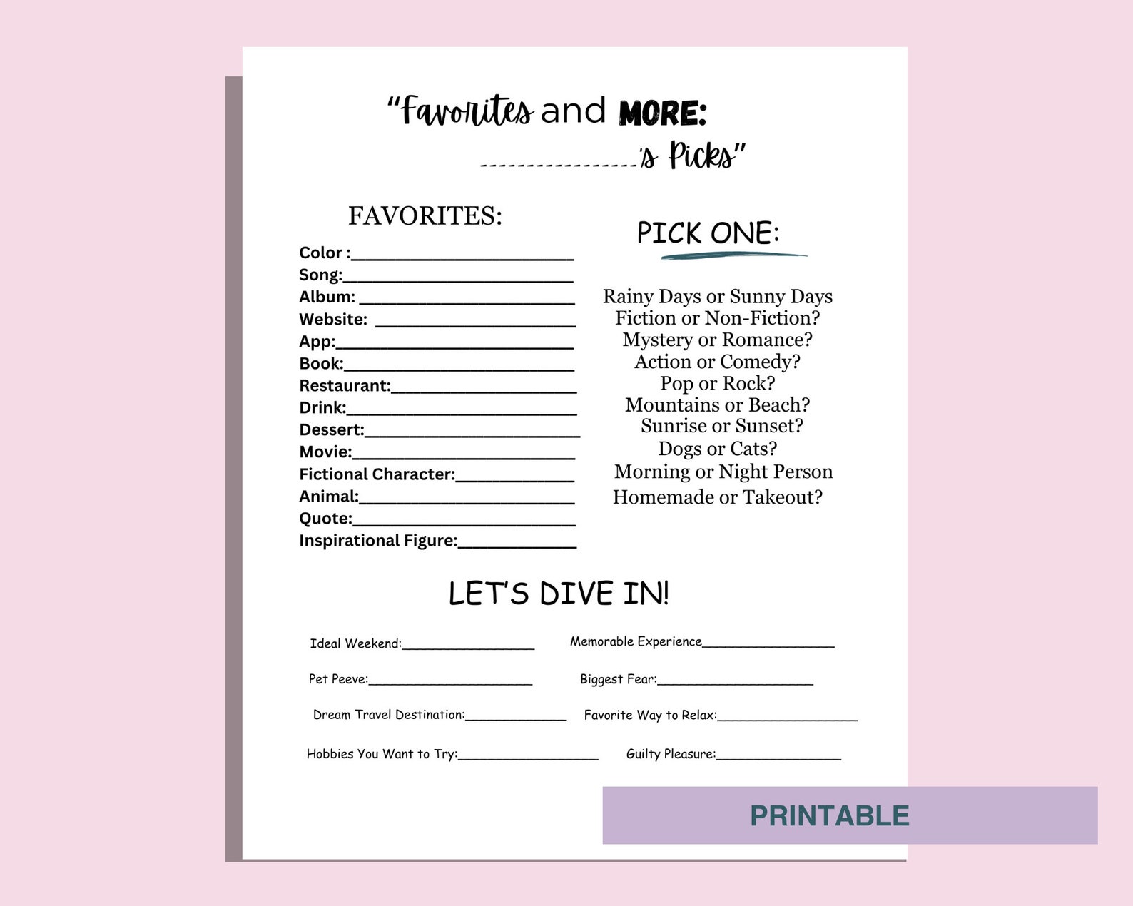 Employee Favorite List, Employee Favorite Things Survey, Staff ...