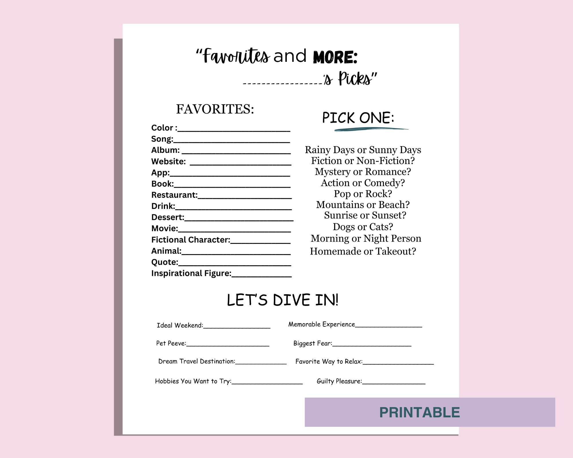 Employee Favorite List, Employee Favorite Things Survey, Staff ...