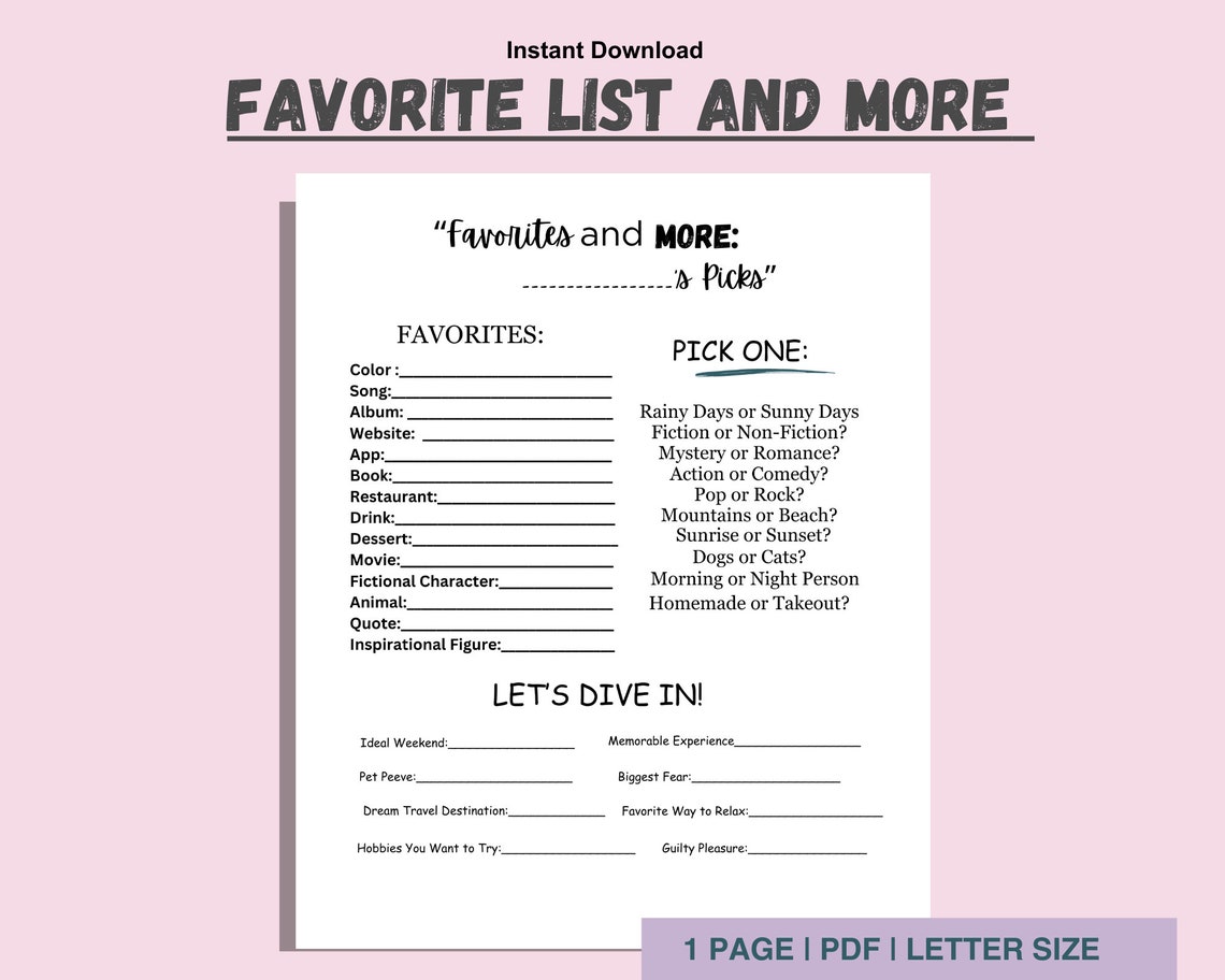 Employee Favorite List, Employee Favorite Things Survey, Staff ...