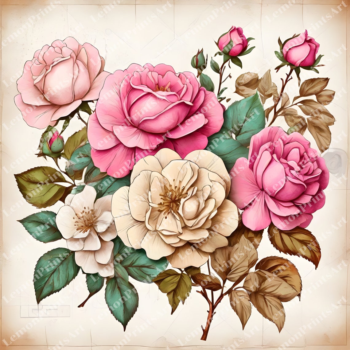 29 Shabby Chic Wild Roses Aged Paper Clipart, High Quality Watercolor ...