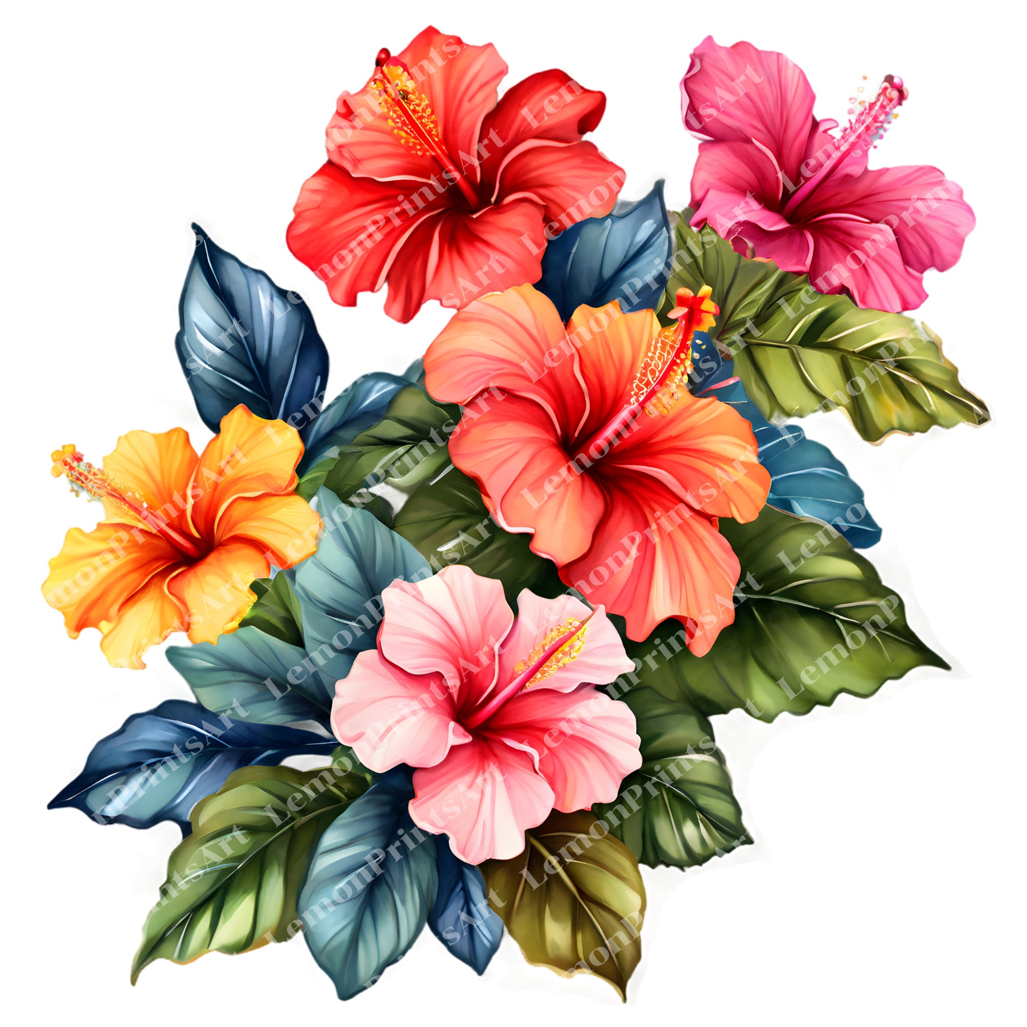 21 Hibiscus Tropical Flower Clipart, Watercolor Summer Flowers, High ...