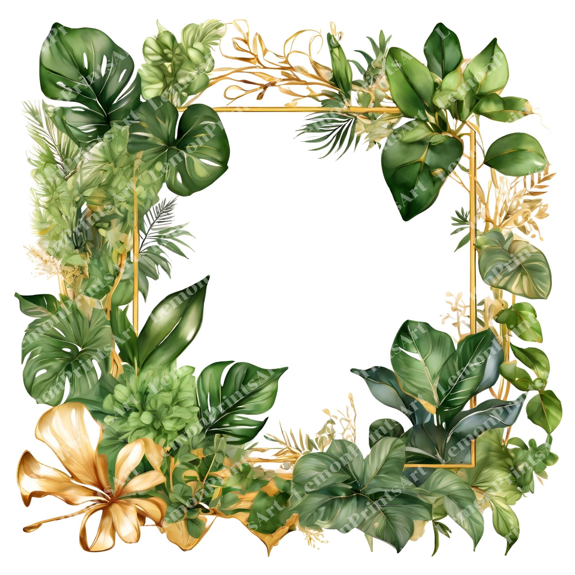 24 House Plants Golden Frame Clipart, Watercolor Greenery Frame, High ...