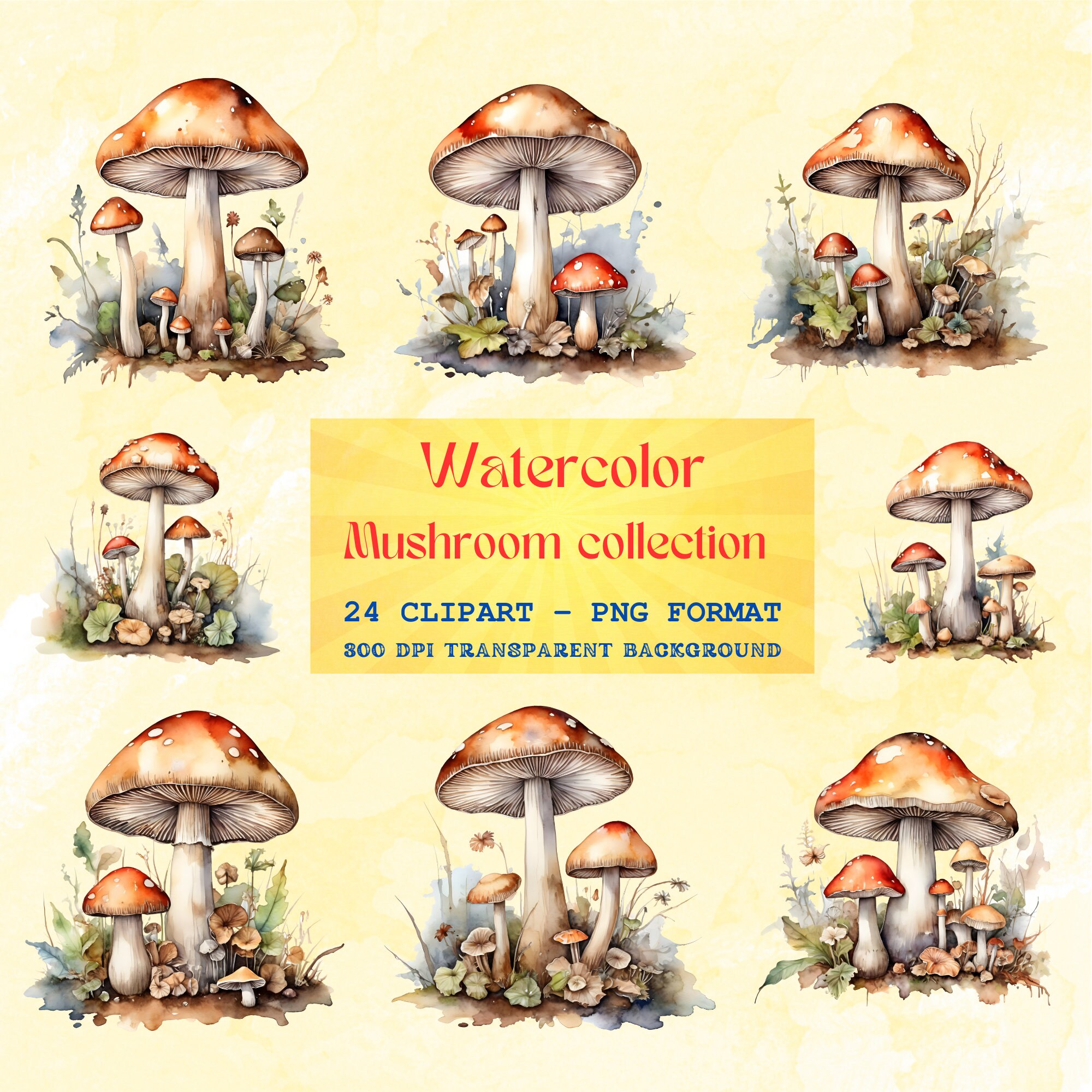 24 Watercolor Mushrooms Clipart, Bundle, Mushroom Sublimation Design ...