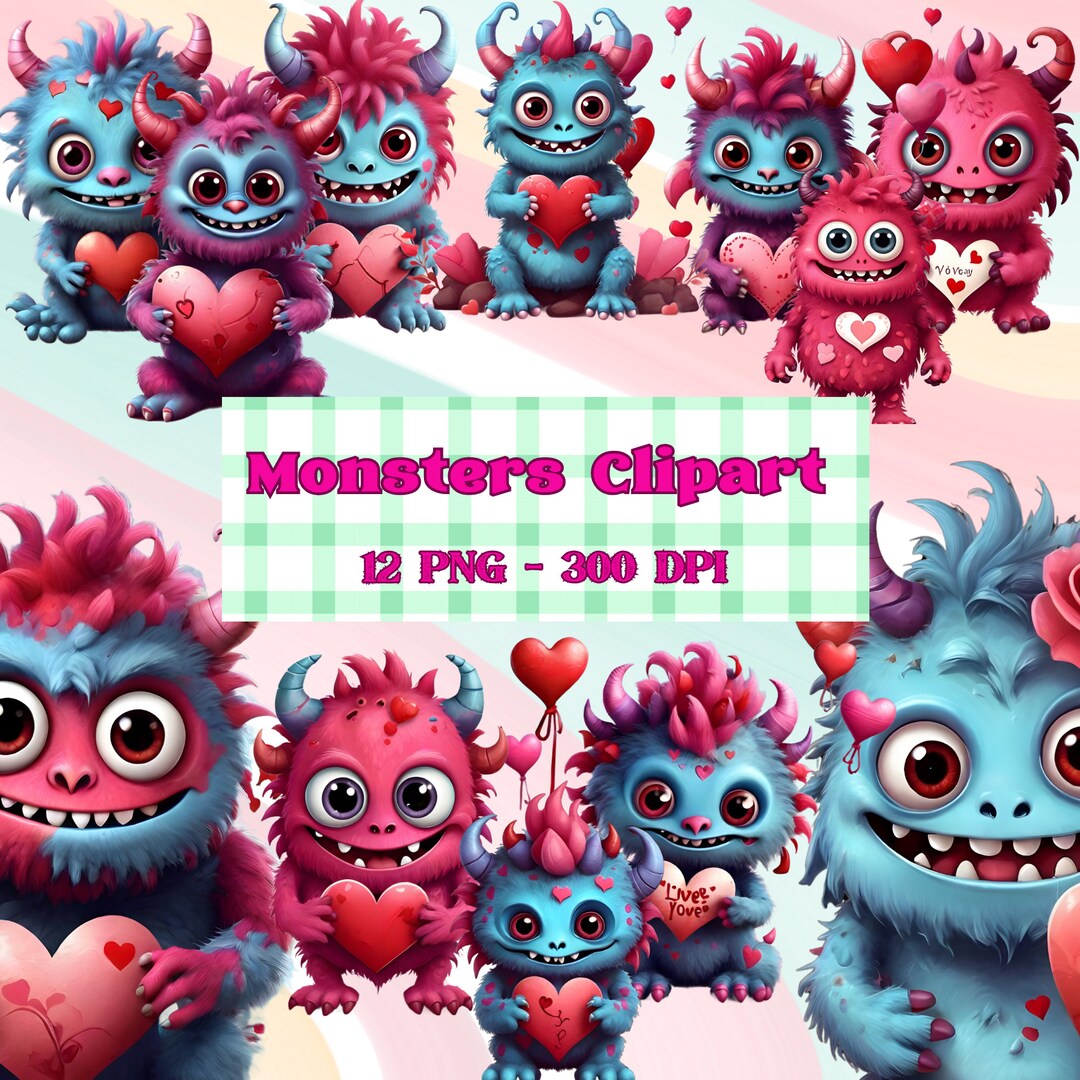 Cute Valentines Monsters Clipart Bundle, 12 High Quality PNG Files ...