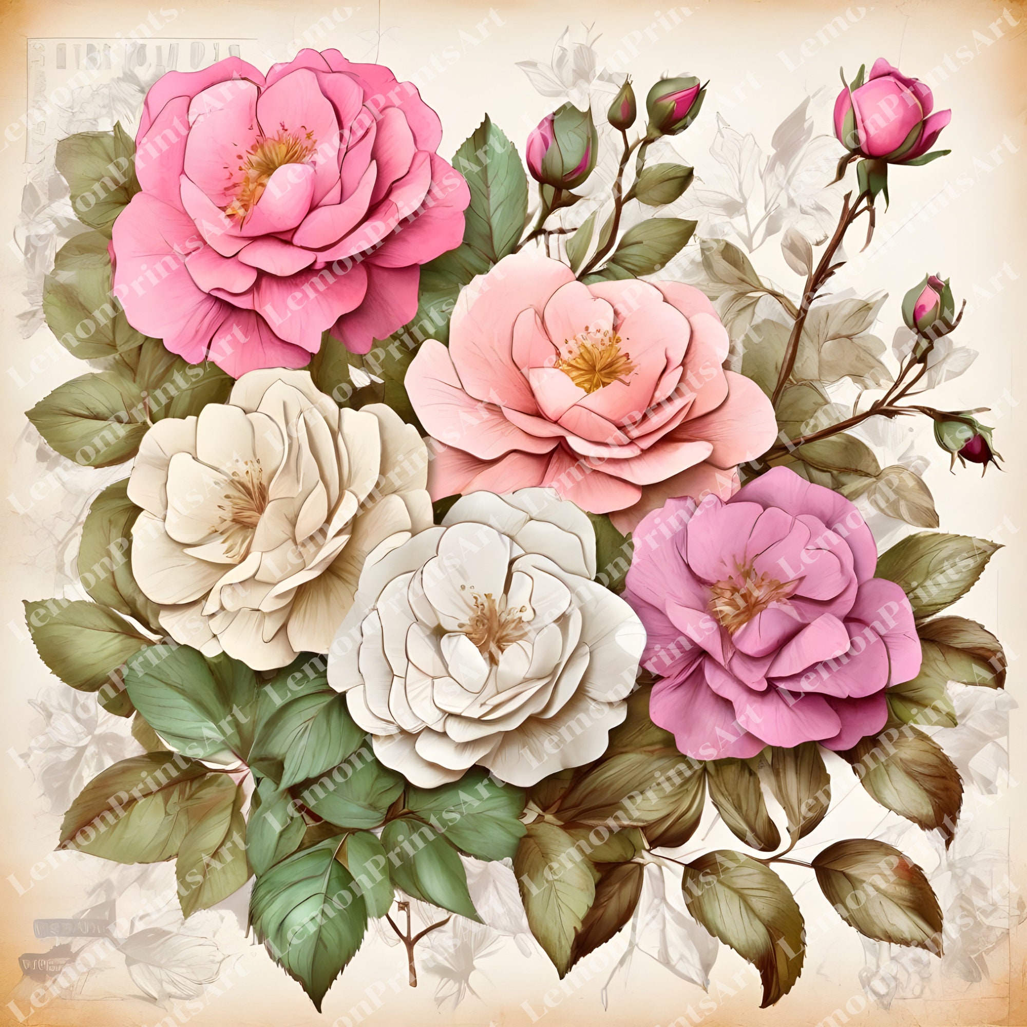 29 Shabby Chic Wild Roses Aged Paper Clipart, High Quality Watercolor ...