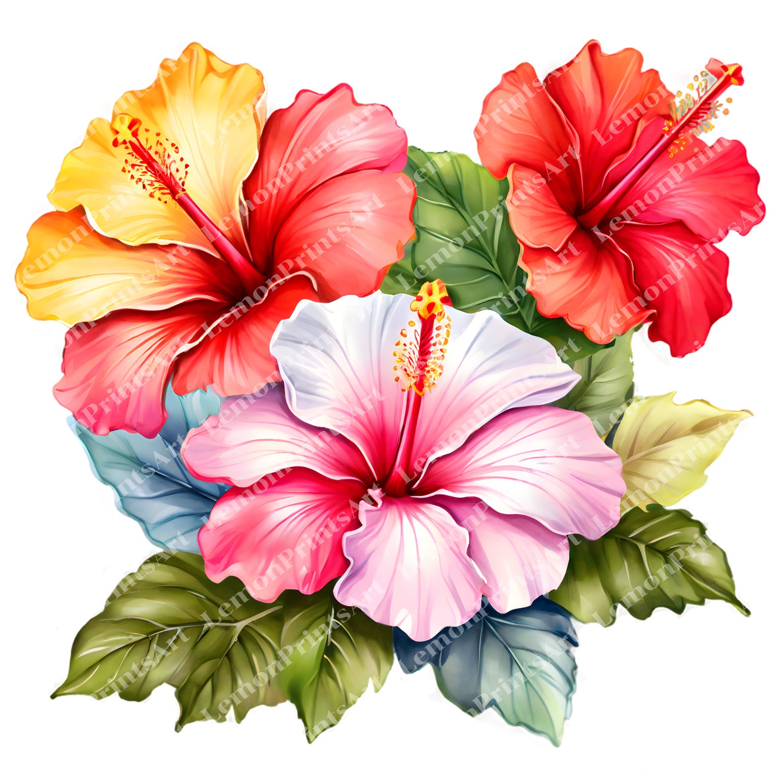 21 Hibiscus Tropical Flower Clipart, Watercolor Summer Flowers, High ...