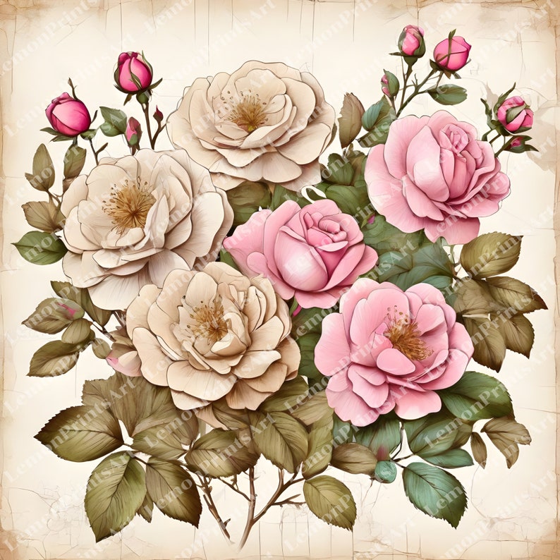 29 Shabby Chic Wild Roses Aged Paper Clipart, High Quality Watercolor ...