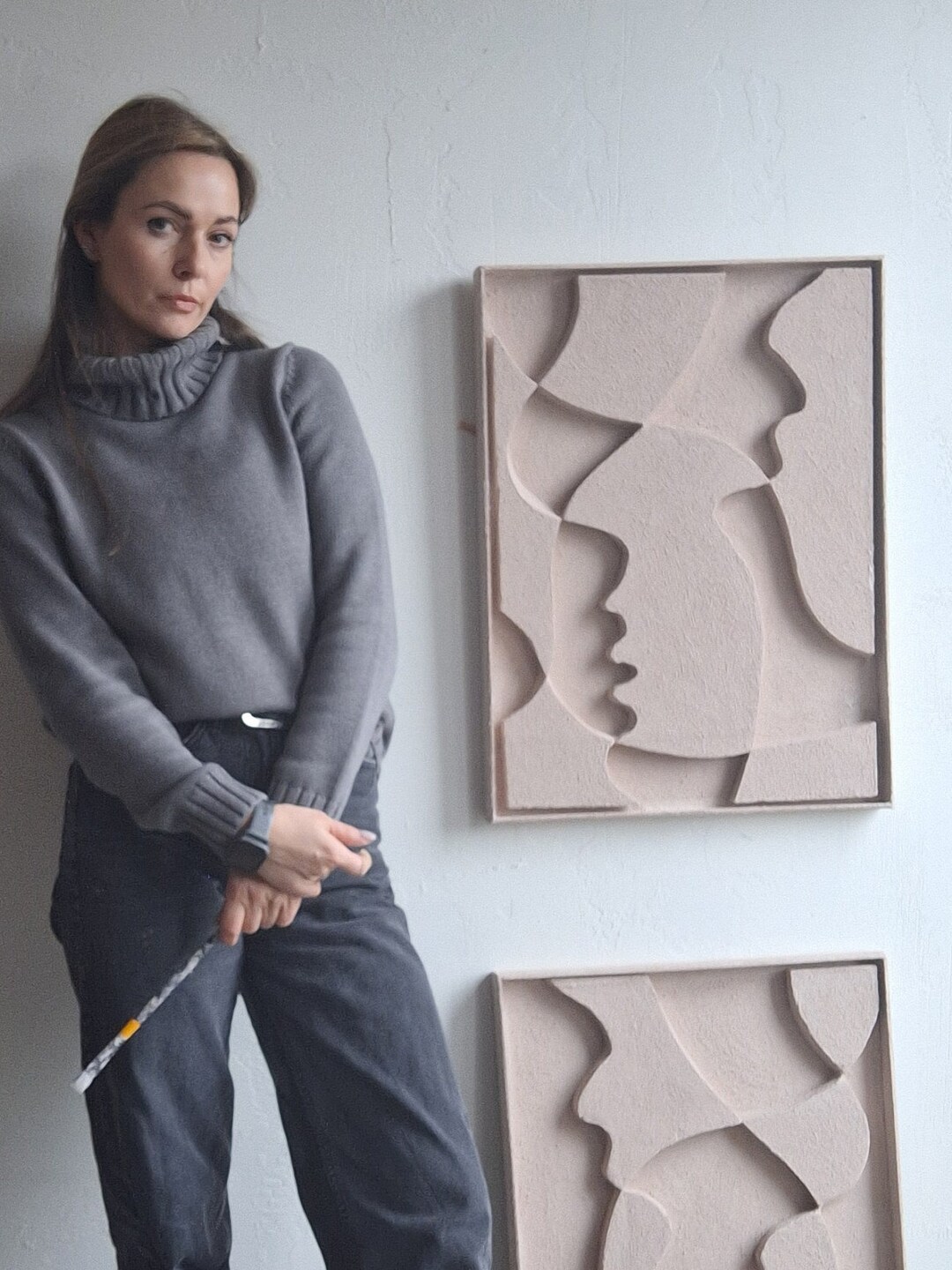 Diptych Wall Art Set (2 Pieces) - Textured Plaster Sculptures - Pink ...
