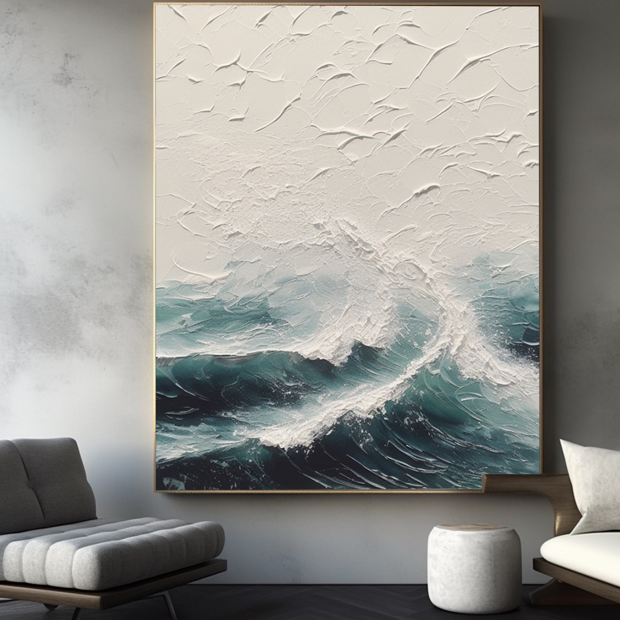 Waves Hand Painted Decor, Blue Ocean Canvas Painting, Ocean Wave 3d ...