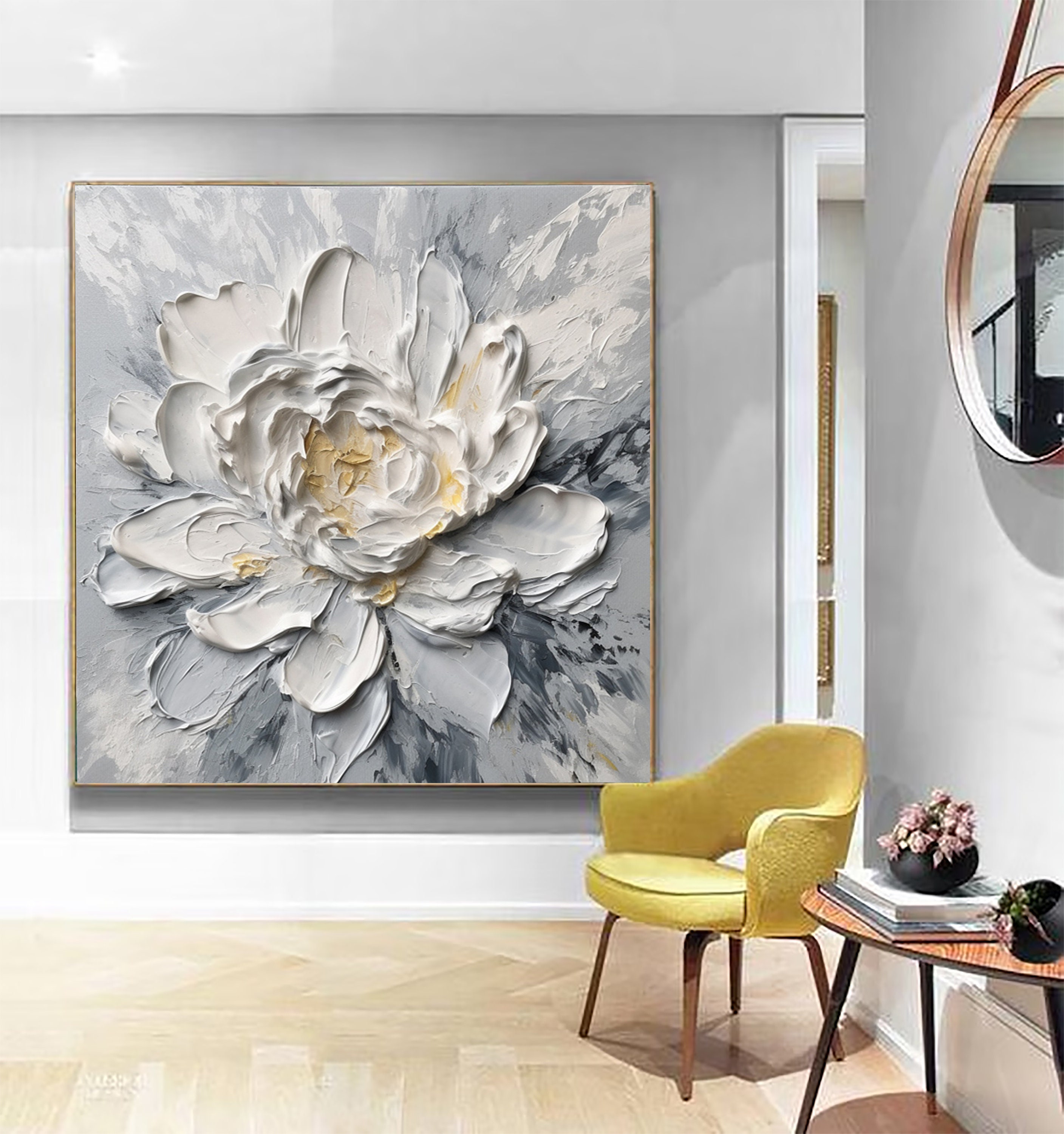 Large White Grey Flower Texture 3D Art Palette Knife Heavy Texture Art ...