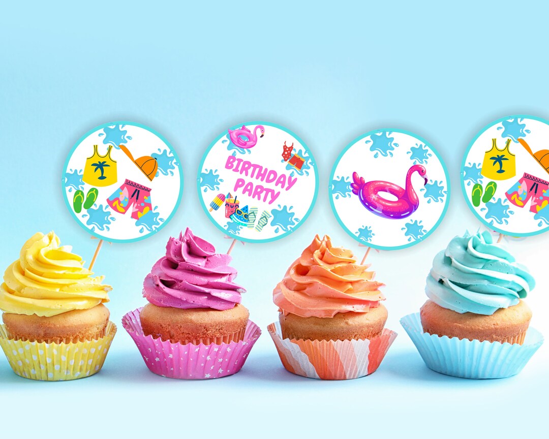 Editable Pool Party Birthday Cupcake Toppers, Summer Birthday Decor ...