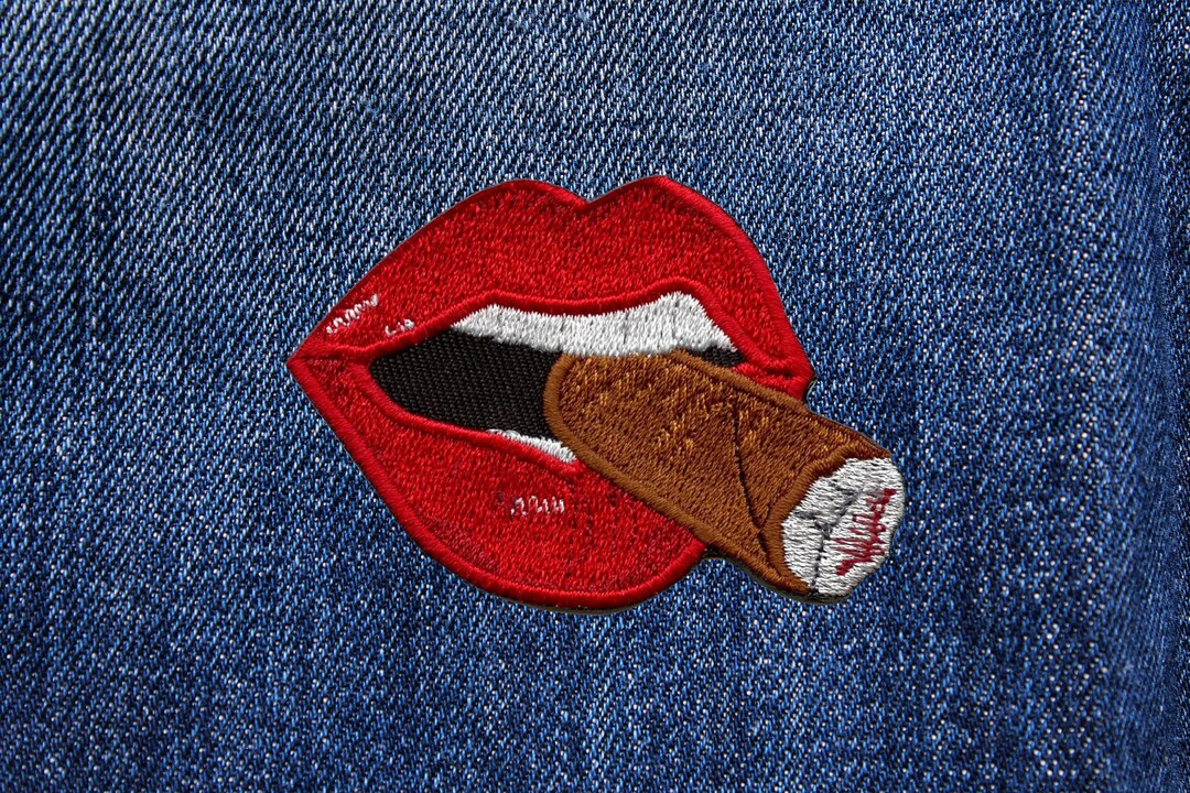Red Lips Smoking Cigar Patch Embroidered Iron-on Stogie Mouth Emblem ...