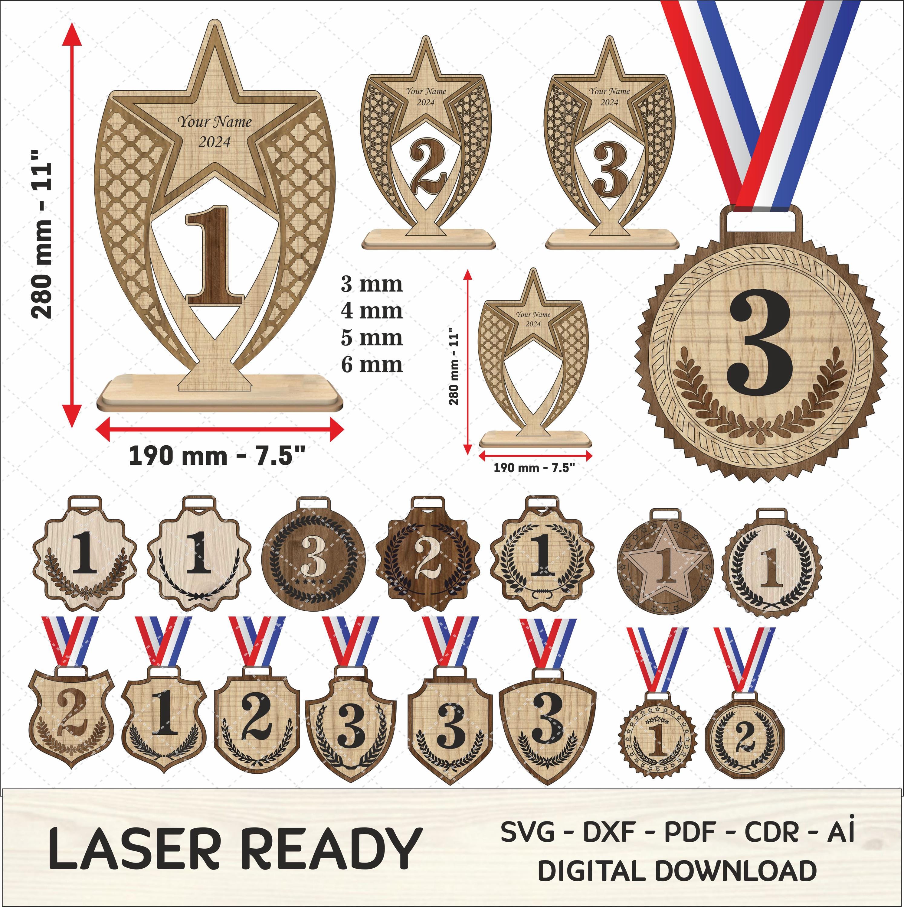 Elegant Trophy Set for Place Awards, Customizable Award Laser Cut Files ...