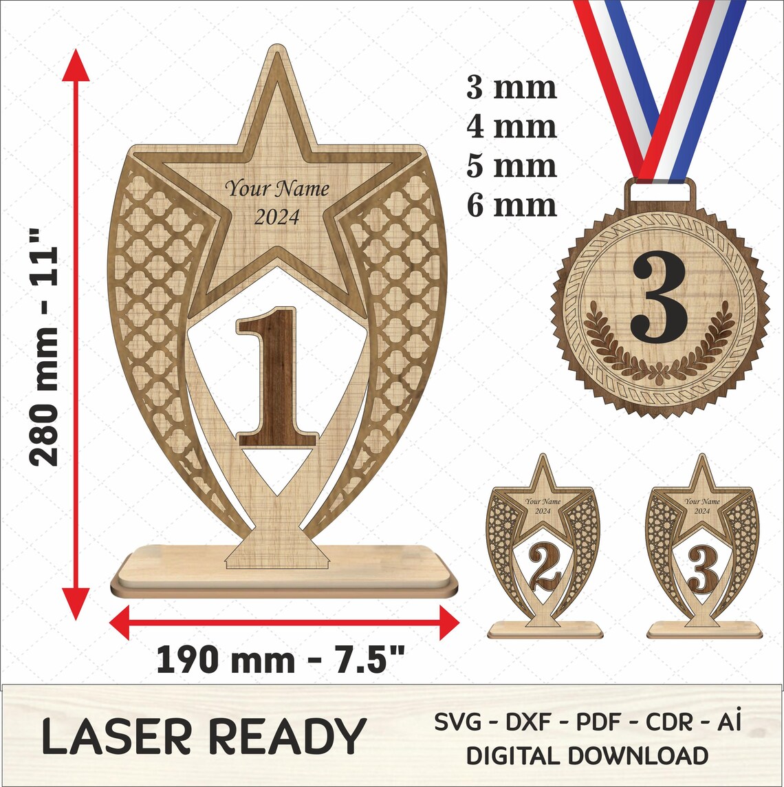 Elegant Trophy Set for Place Awards, Customizable Award Laser Cut Files ...