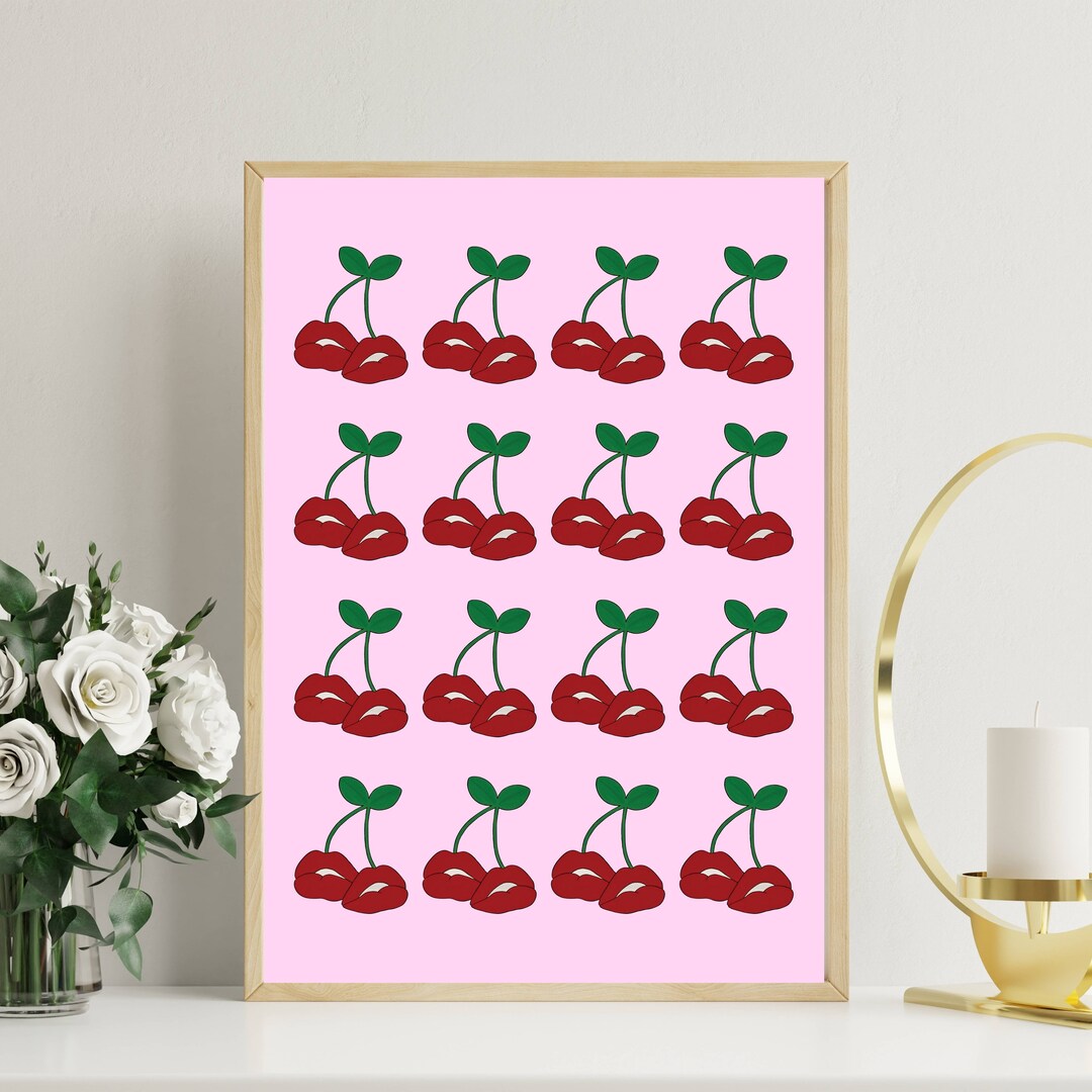 Cherry Lips Pink Background Printable Poster|cherry Wall Art|bar Cart ...