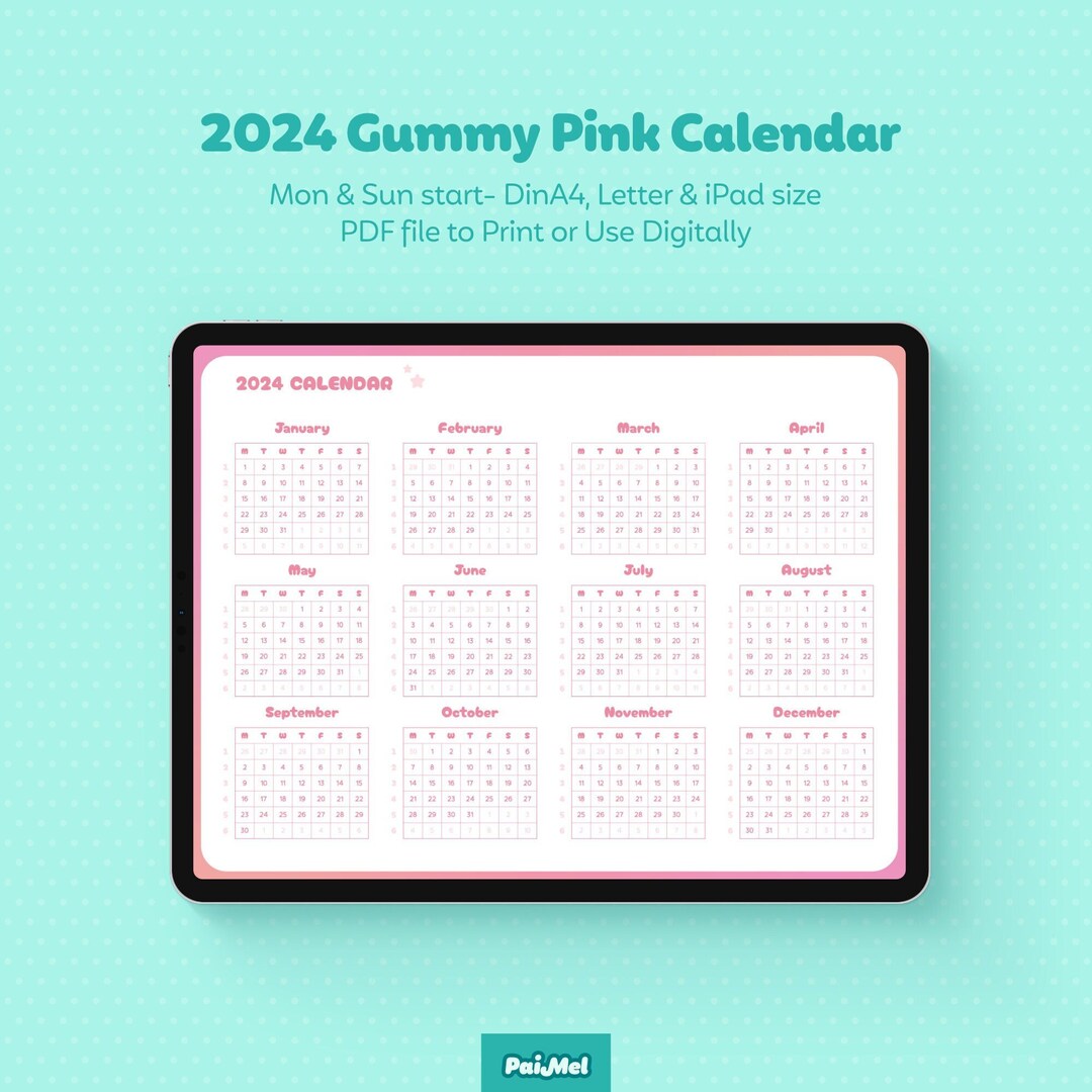 Gummy Pink 2024 Yearly Calendar Digital Annual Calendar Printable - Etsy