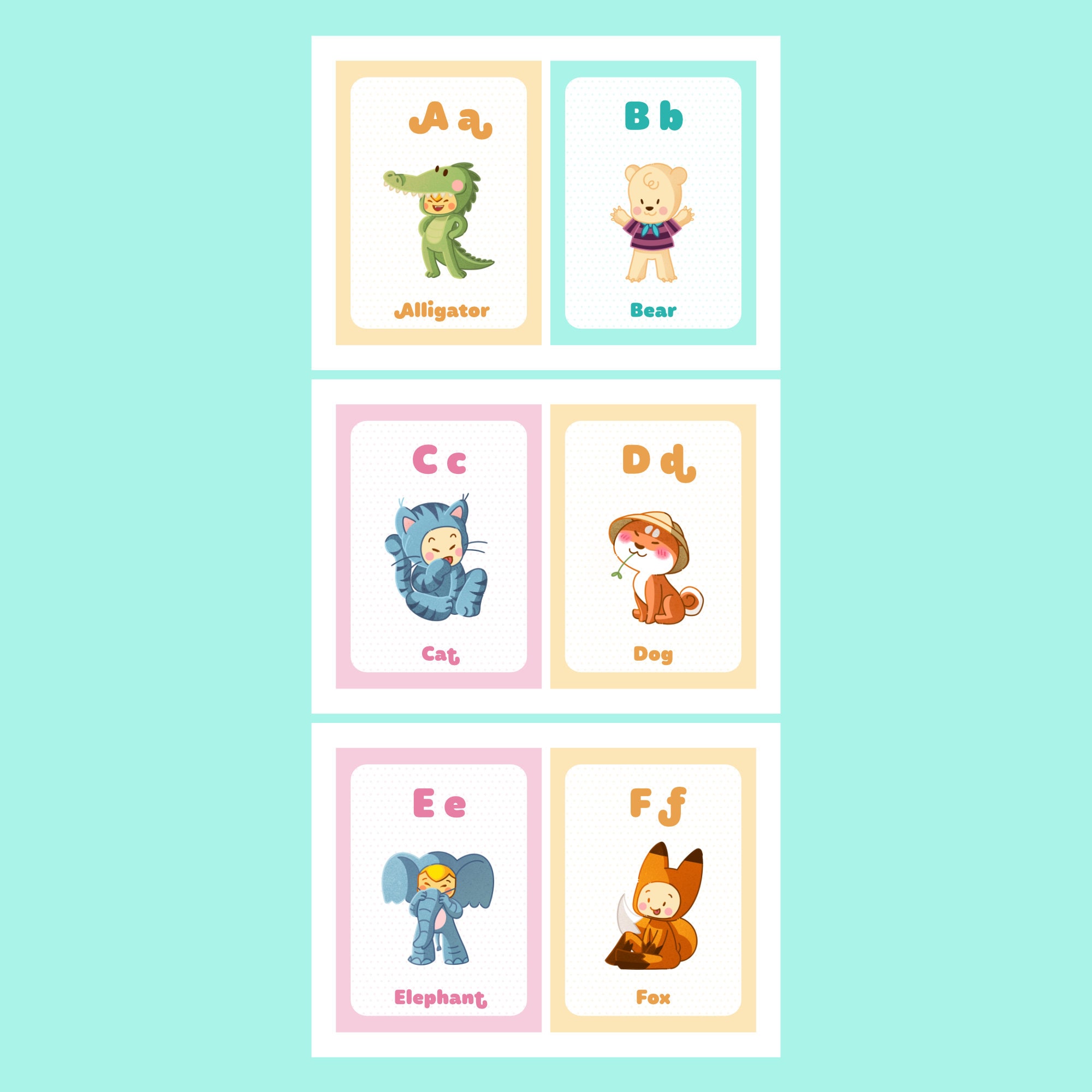 Printable Animal Alphabet Flash Cards, Preschool Learning Activities ...