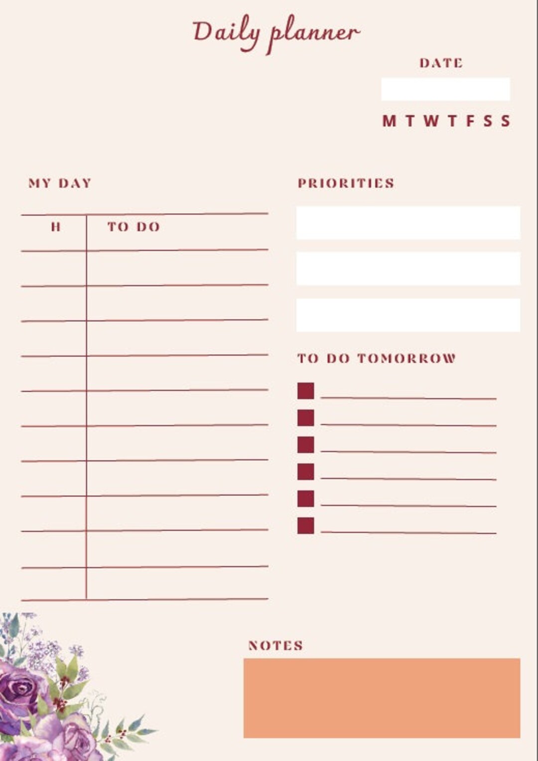 Printable Daily Planner in 5 Colors in One PDF File. - Etsy