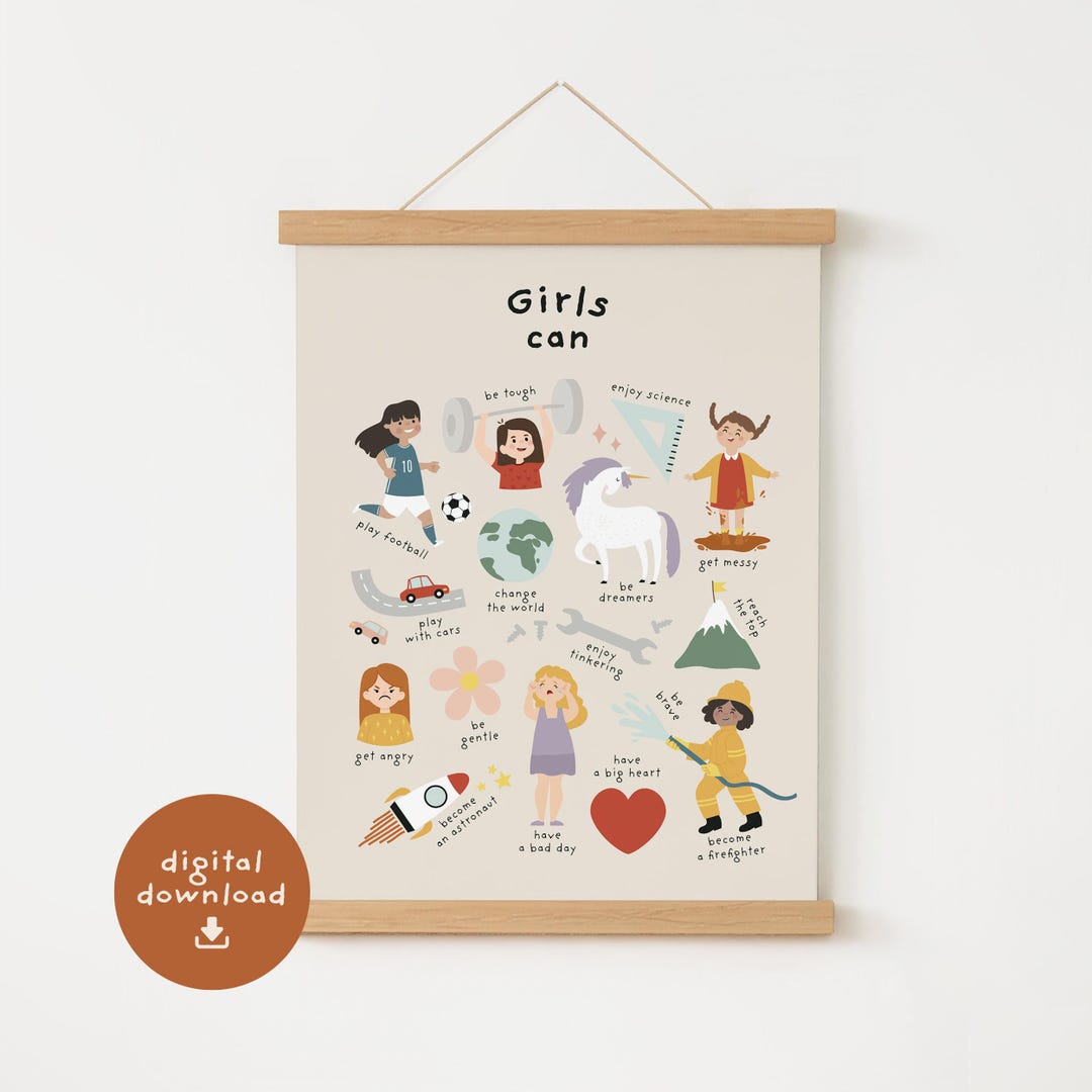 Girls Can Poster, Girls Can Do Anything, Girl Power, Playroom Print ...