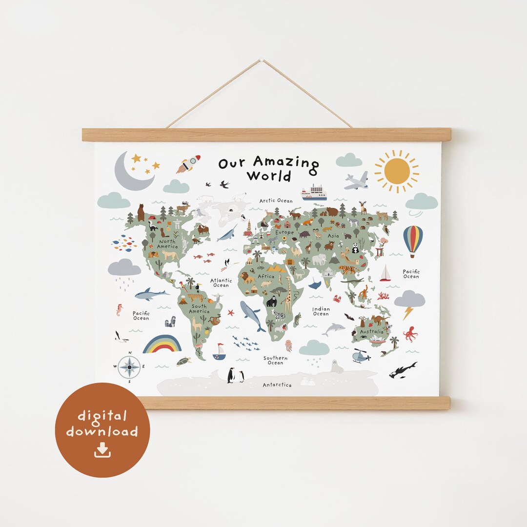 Kids World Map Printable, Playroom Animal World Map, Toddler Room Wall ...