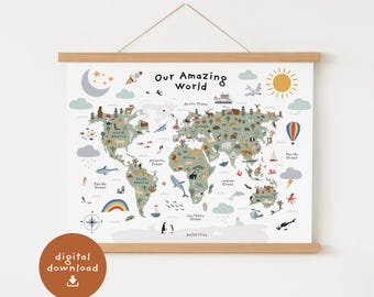 Kids World Map Printable, Playroom Animal World Map, Toddler Room Wall ...