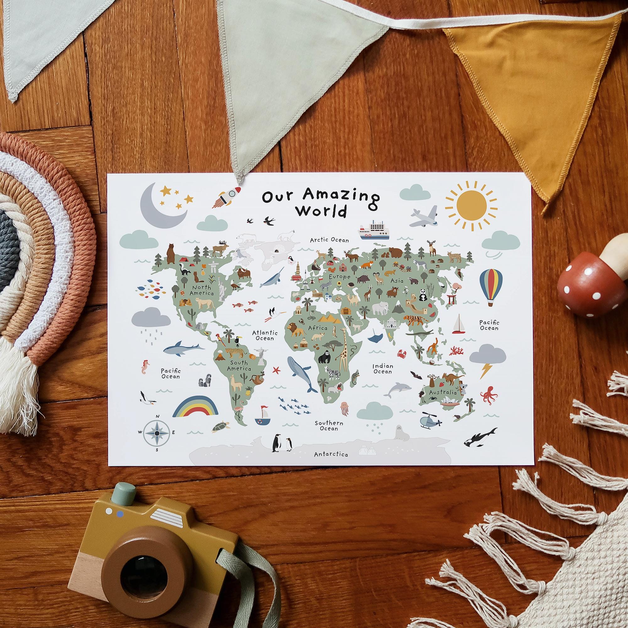 Kids World Map Printable, Playroom Animal World Map, Toddler Room Wall ...