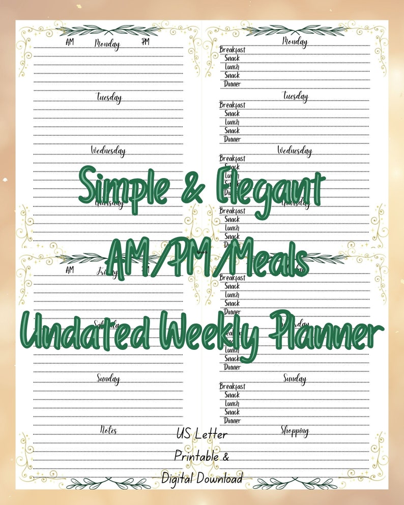 Simple & Elegant Am/pm/meals Undated Weekly Planner - Etsy