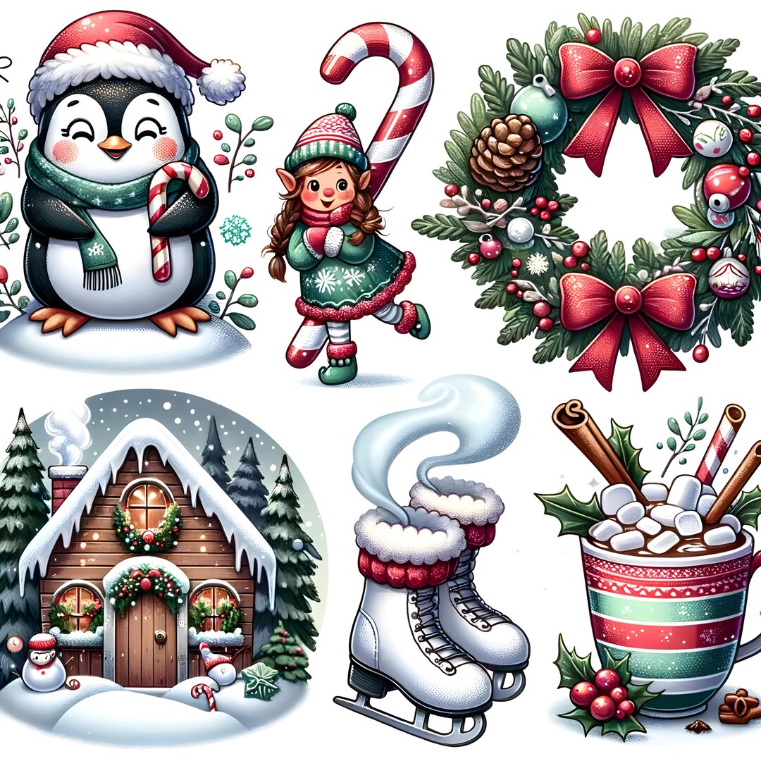 Penguin Clipart, Elf Clipart, Winter Cabin Clipart, Wreath Clipart, Ice ...