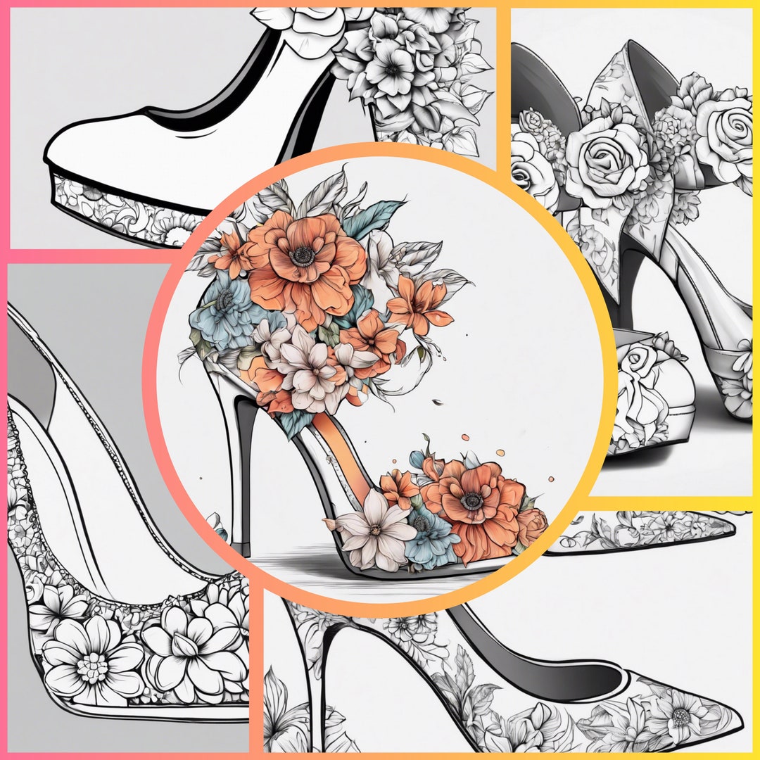 22 Blooming Shoes Coloring Book, Adults Kids Instant Download grayscale ...