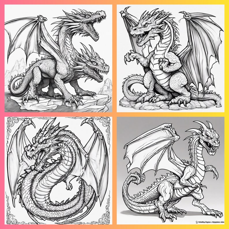 13 Deformed Dragons Fantasy Coloring Pages Book, Adults Kids Instant ...