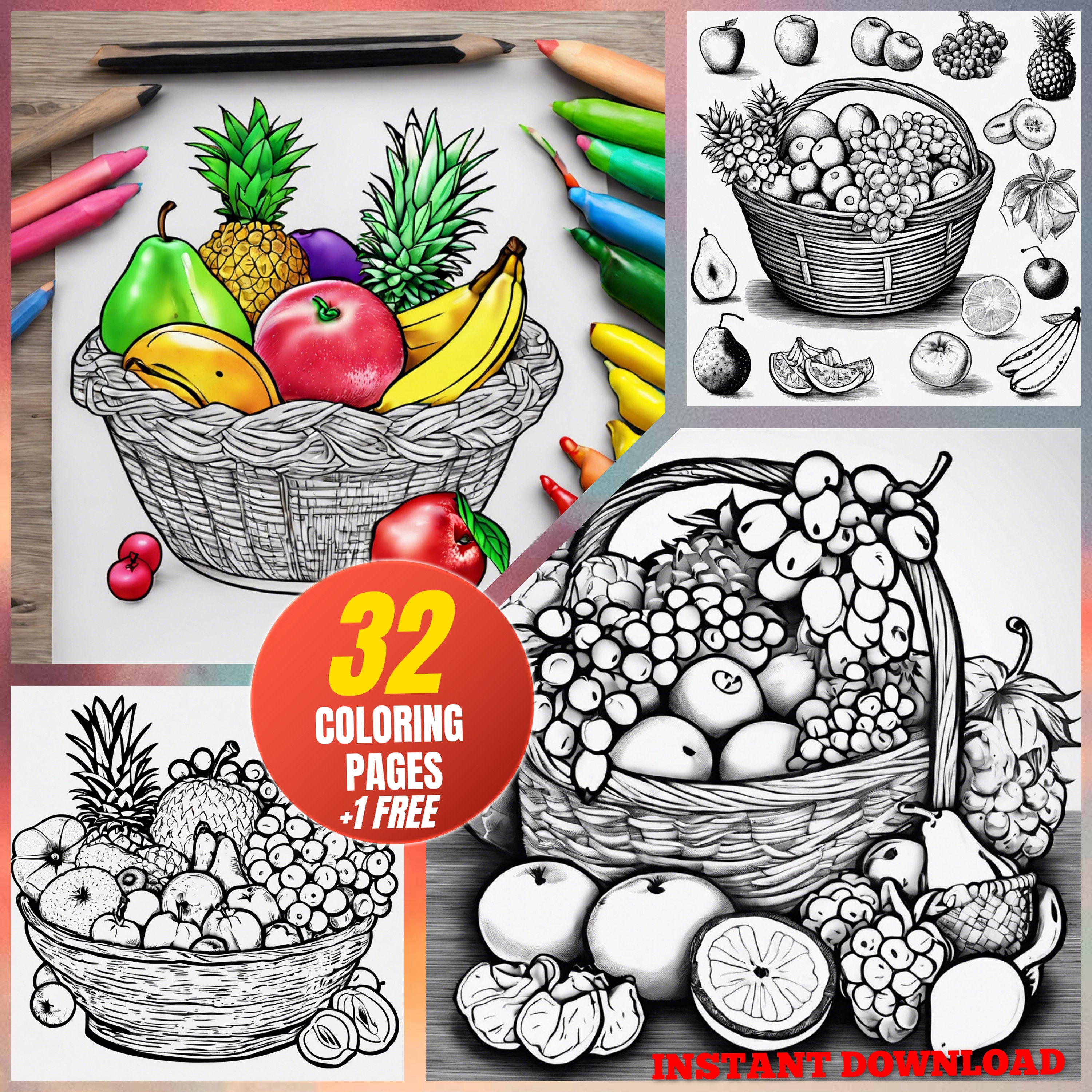 32 Fruit Love Coloring Page, Adults + Kids- Instant Download ...