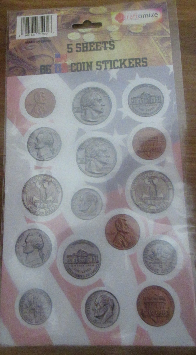 USA Coin Stickers 5 Sheets 86 Stickers Quarters /dimes /nickels/ Pennys ...