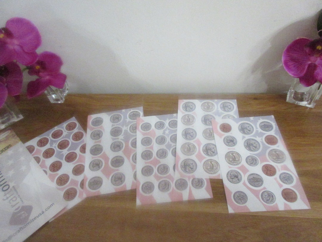 USA Coin Stickers 5 Sheets 86 Stickers Quarters /dimes /nickels/ Pennys ...