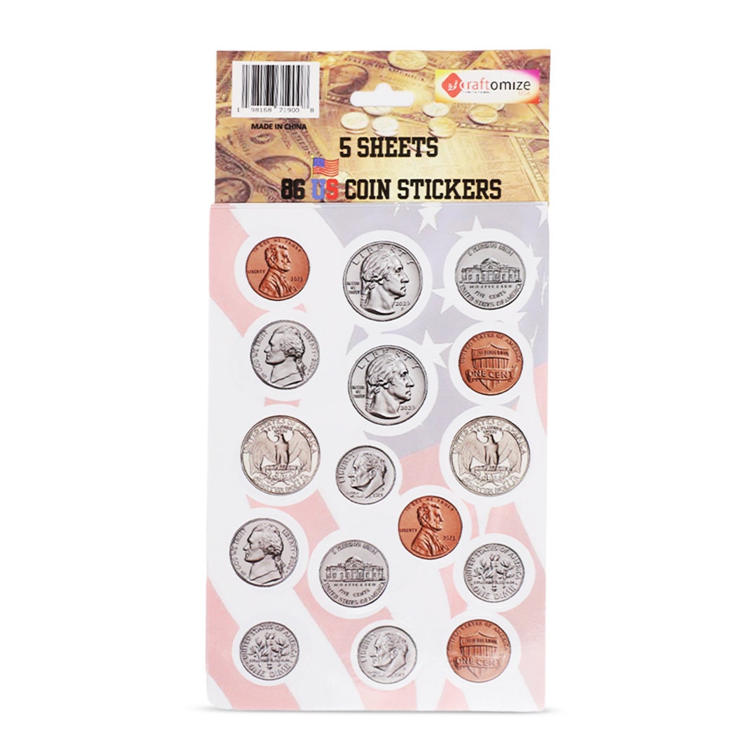 USA Coin Stickers 5 Sheets 86 Stickers Quarters /dimes /nickels/ Pennys ...