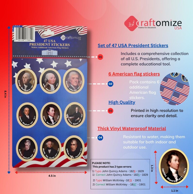 US Presidents Portrait Stickers Set of 47 USA President and 6 American ...