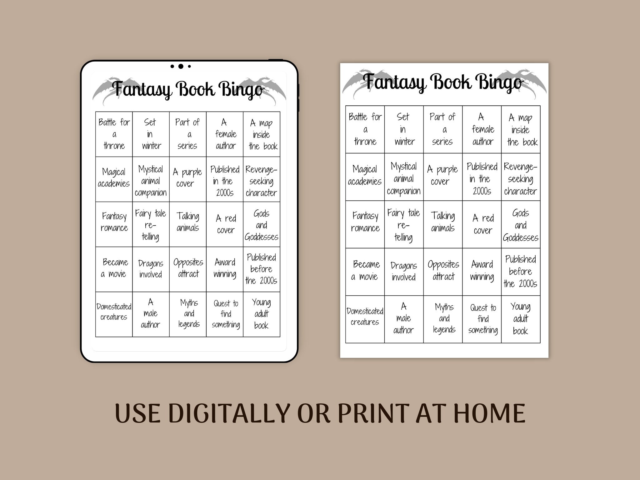 Fantasy Book Bingo Printable Book Bingo Printable Tracker Reading ...