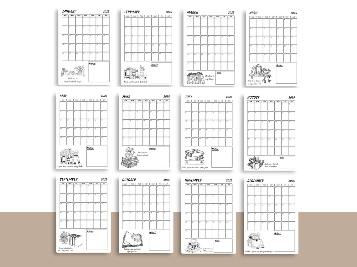 Printable Calendar 2025 - Book Themed Calendar - 12 Month Calendar ...