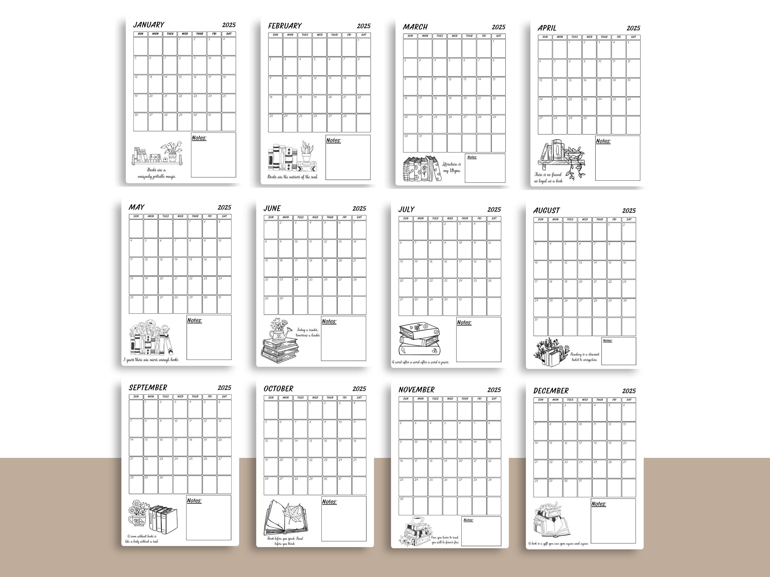 Printable Calendar 2025 - Book Themed Calendar - 12 Month Calendar ...