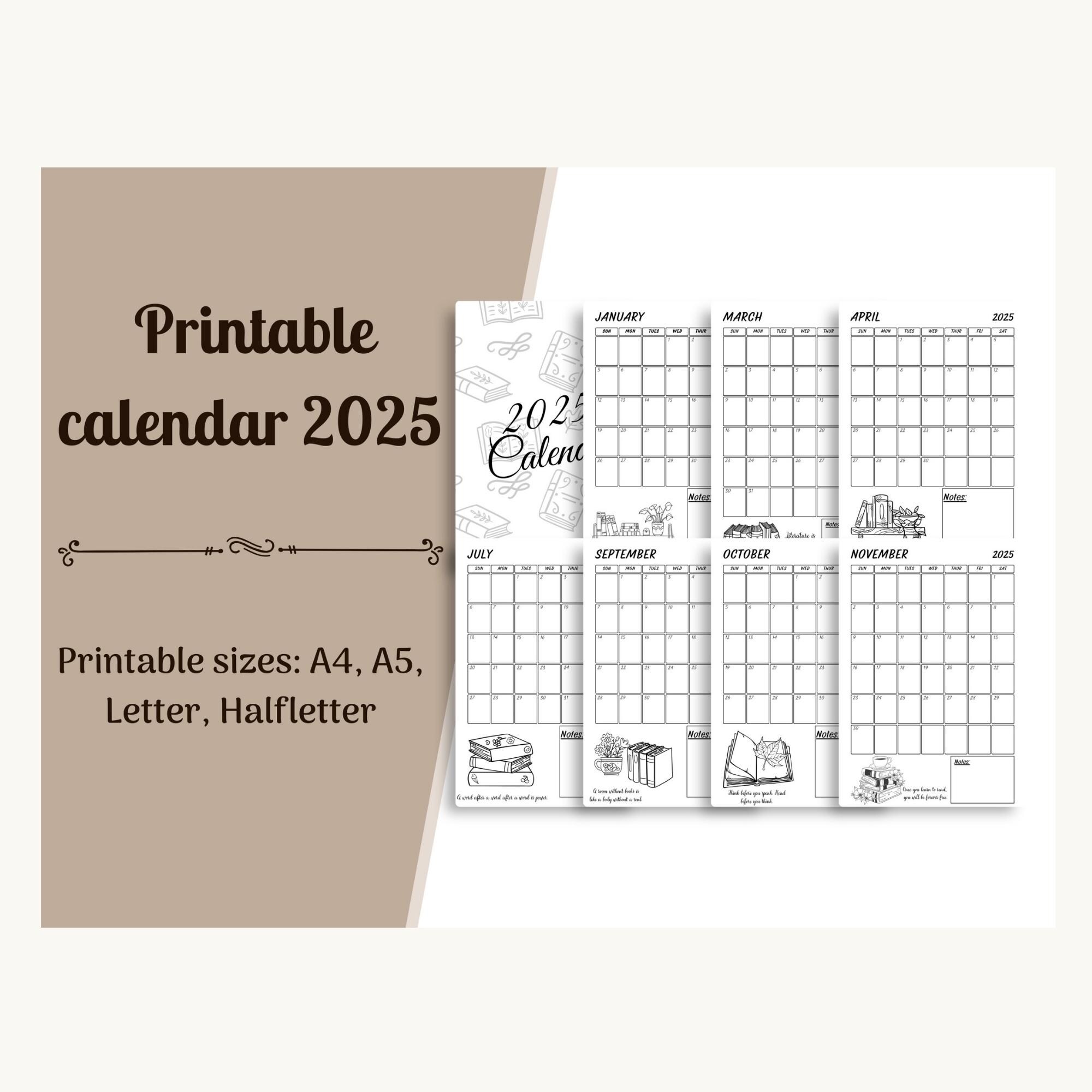 Printable Calendar 2025 - Book Themed Calendar - 12 Month Calendar ...
