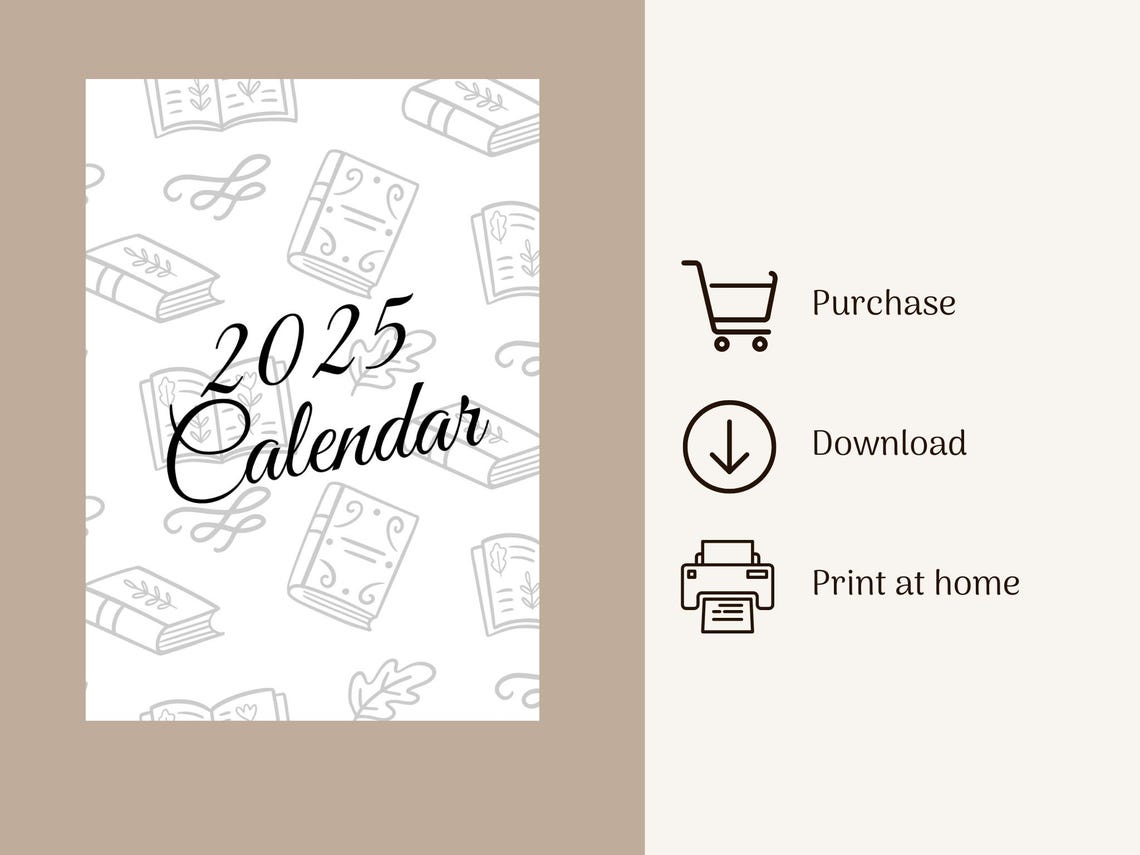 Printable Calendar 2025 - Book Themed Calendar - 12 Month Calendar ...