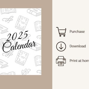 Printable Calendar 2025 - Book Themed Calendar - 12 Month Calendar ...