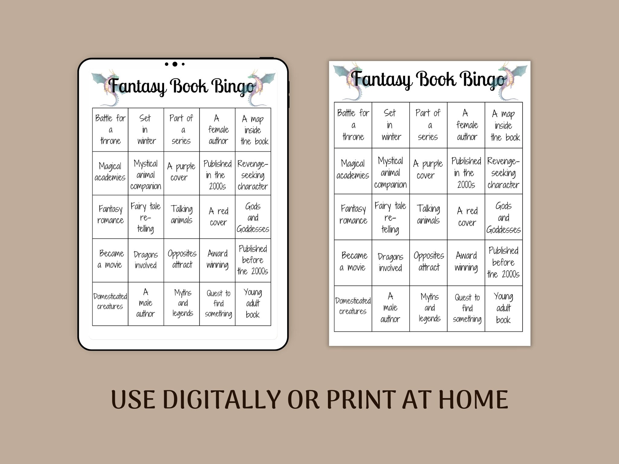 Fantasy Book Bingo Printable Book Bingo Printable Tracker Reading ...