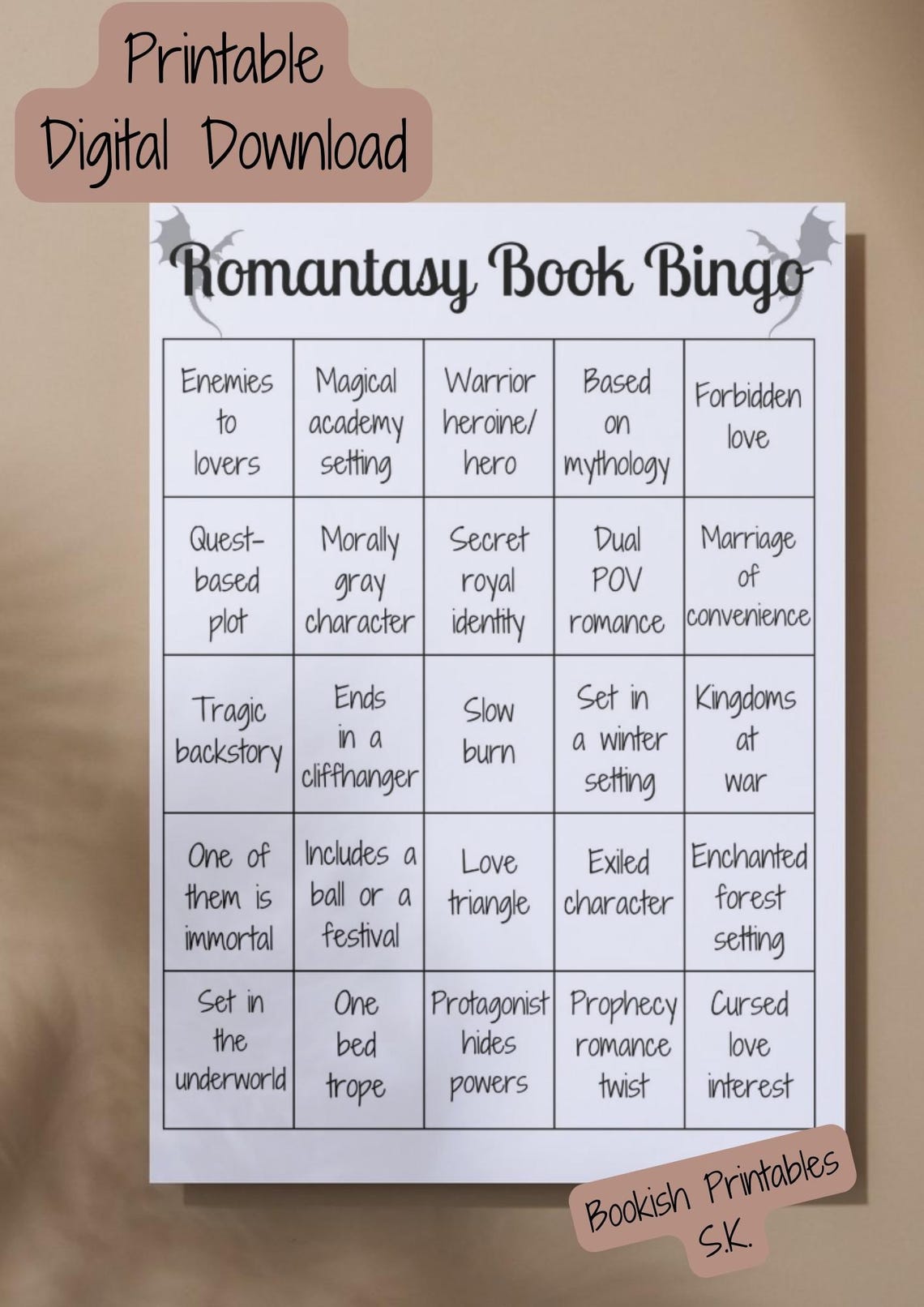 Romantasy Book Bingo Printable: Reading Challenge (PDF Download) - Etsy