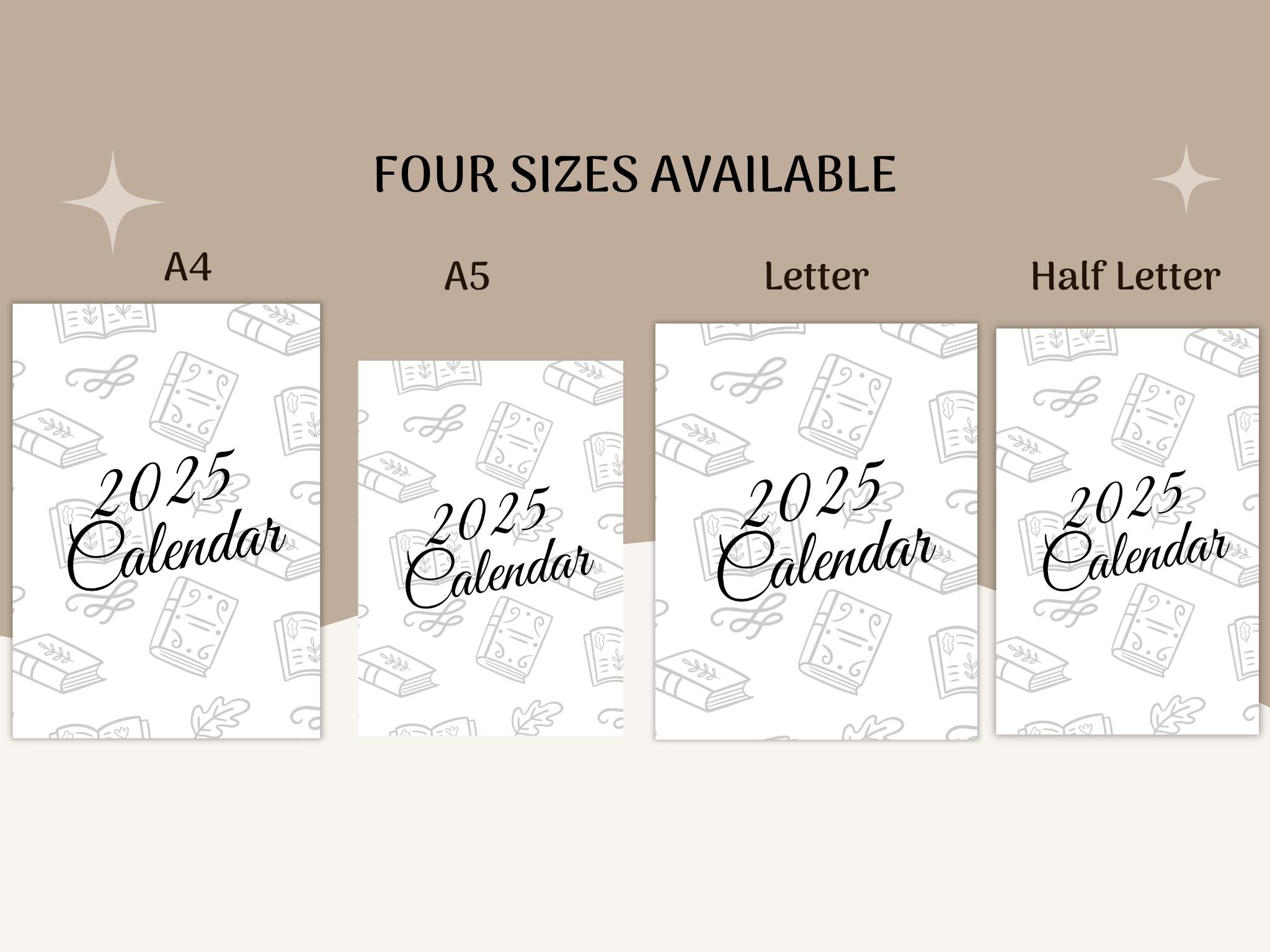 Printable Calendar 2025 - Book Themed Calendar - 12 Month Calendar ...