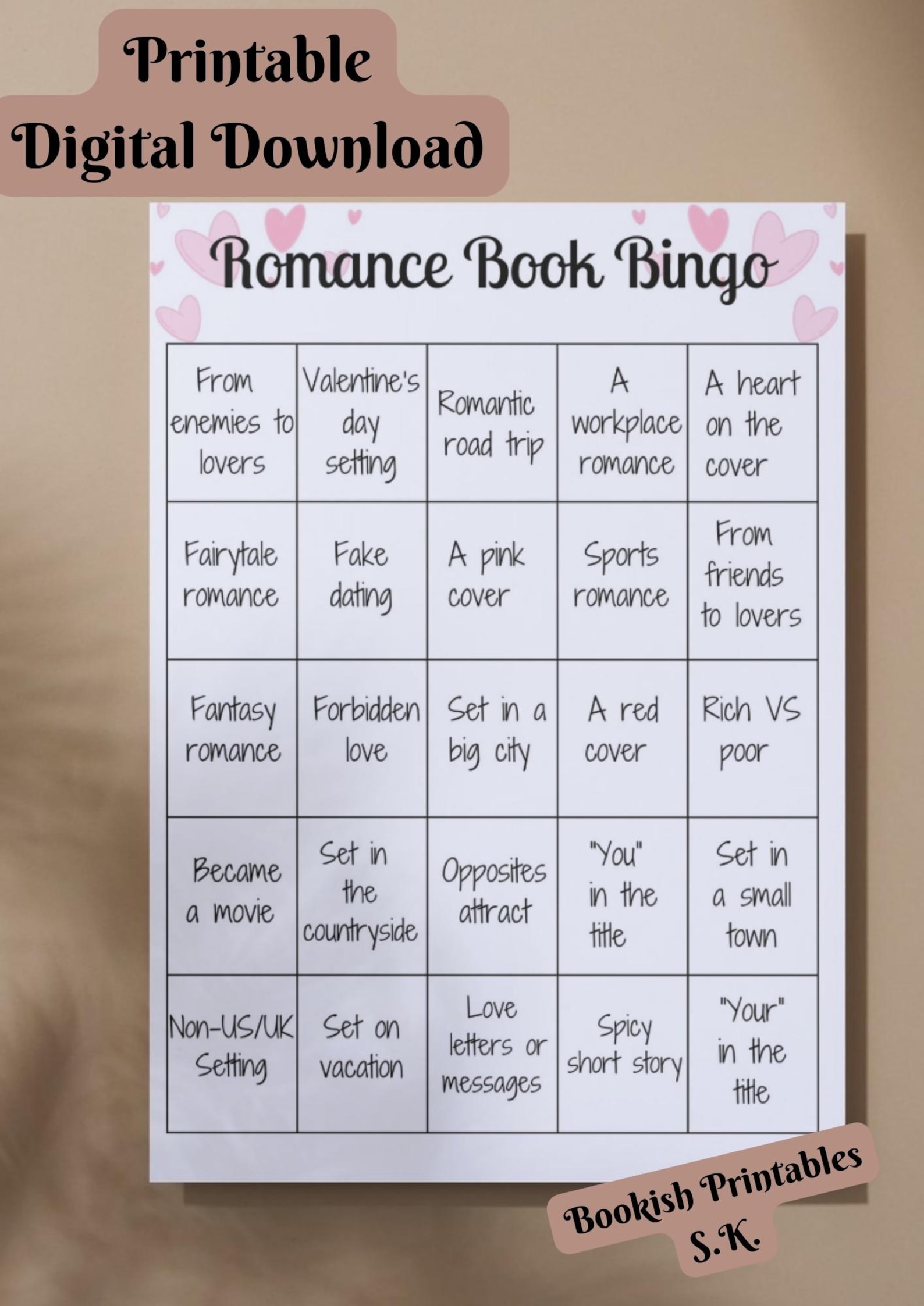 Printable Romance Book Bingo: Reading Challenge Tracker (A4/A5 PDF ...