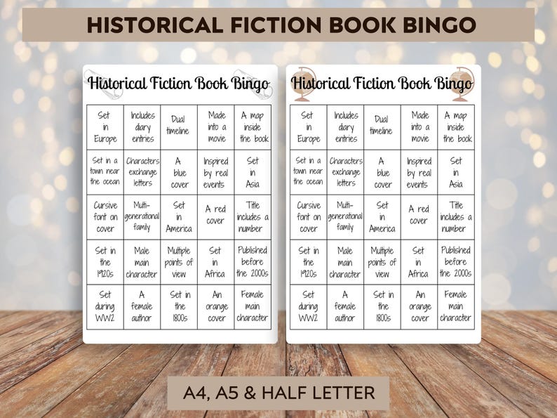 Printable Historical Fiction Book Bingo Reading Challenge (A4, A5, Half ...