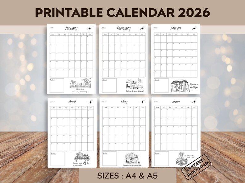 Printable Book Themed Calendar 2026 : Literary Quotes, Printable PDF ...