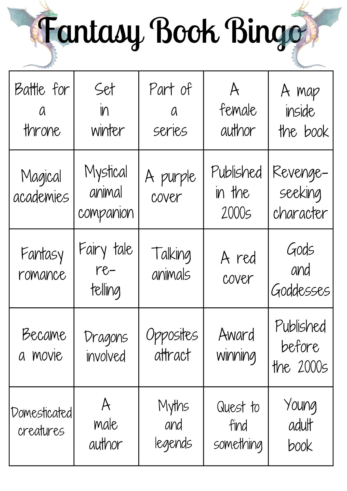 Fantasy Book Bingo Printable Book Bingo Printable Tracker Reading ...