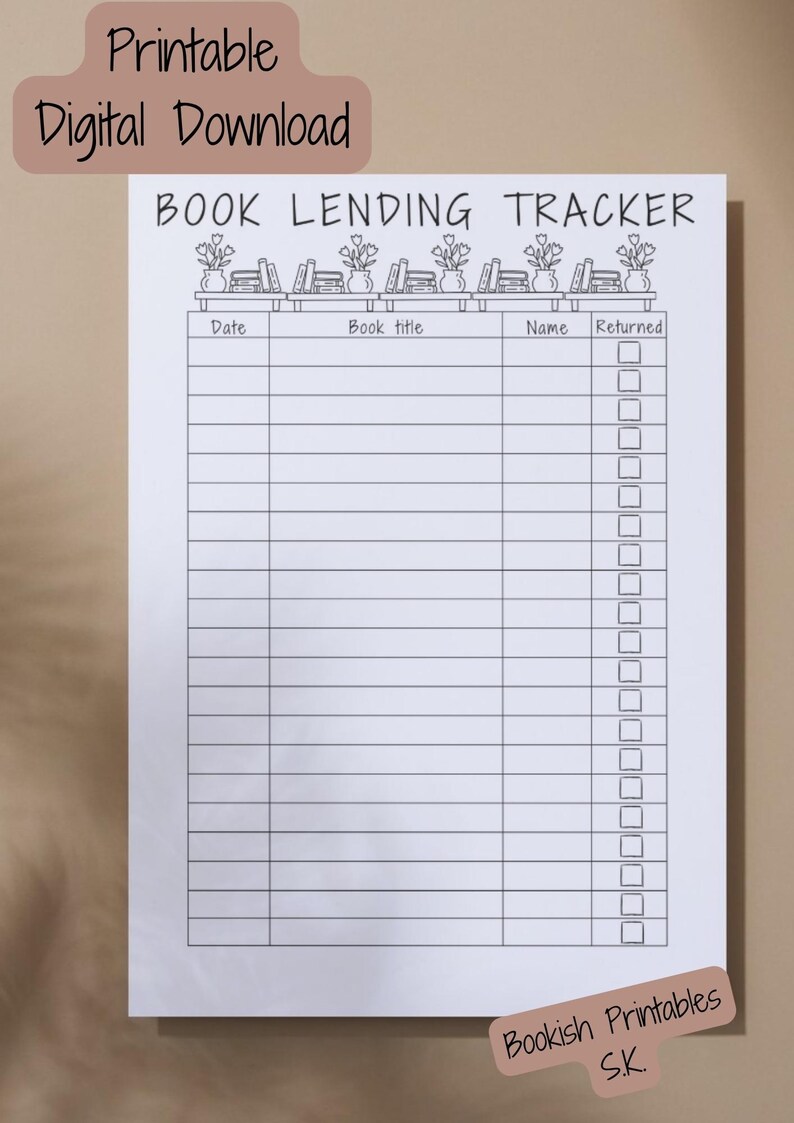 Book Lending Tracker Printable - Printable Journal Page - Lending ...
